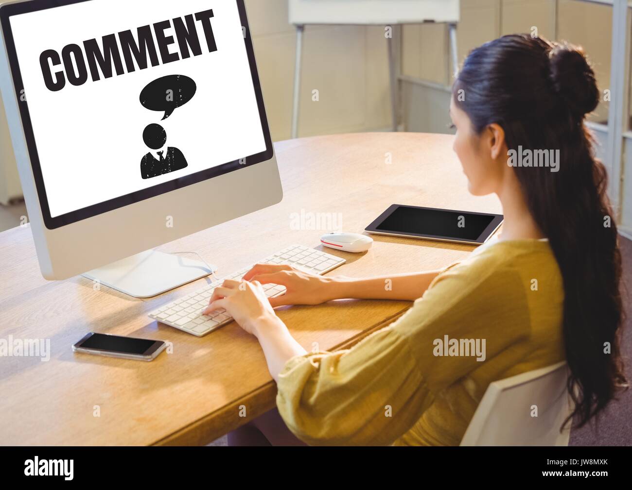Digital composite of Comment text and chat graphic on computer screen ...