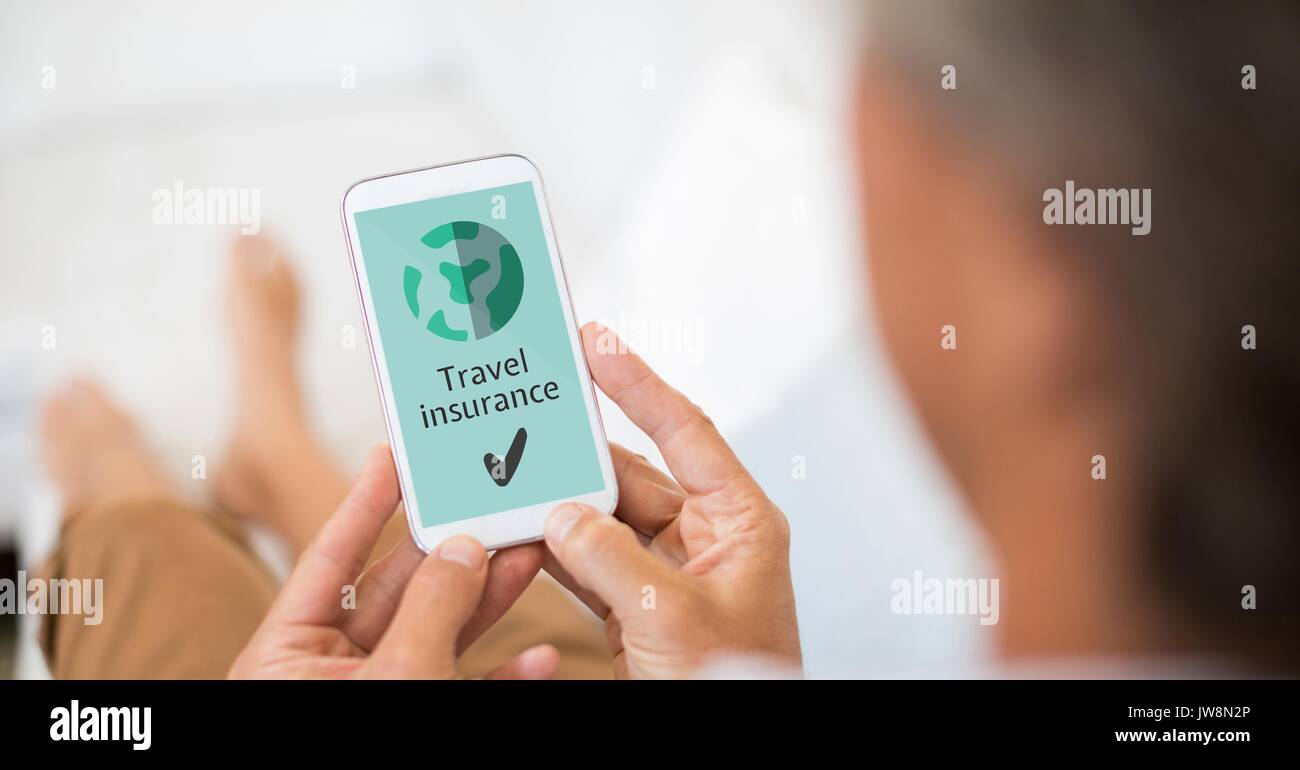 Digital composite of Man holding a phone with travel insurance concept ...