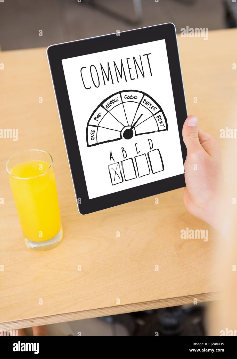 Digital composite of Comment text and survey graphic on tablet screen ...