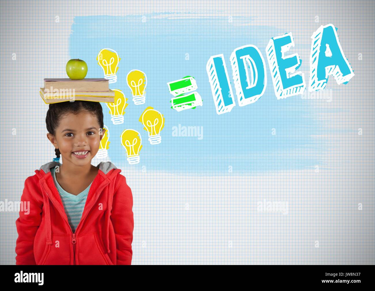 Digital composite of Girl balancing books on head with colorful idea ...