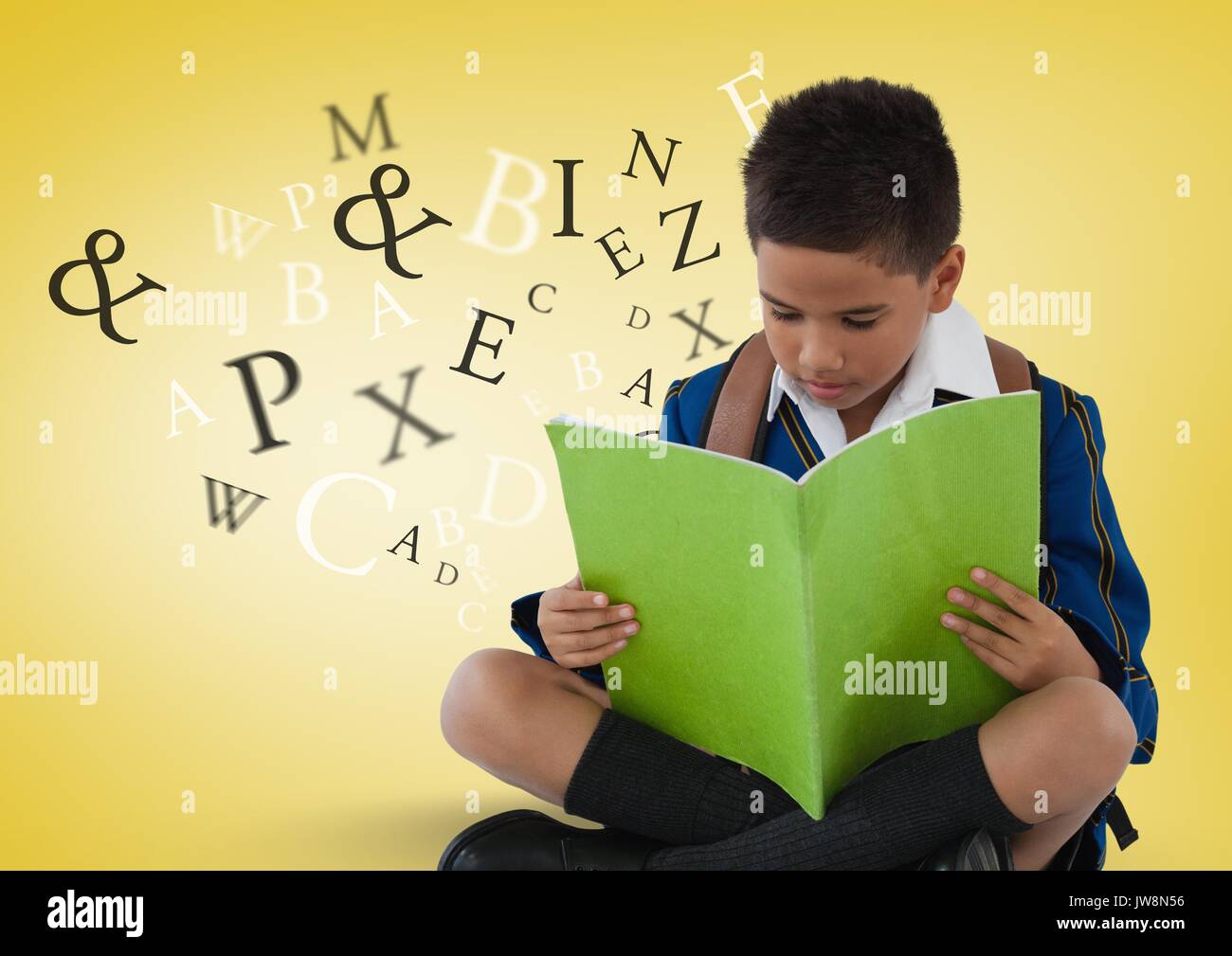 Digital composite of Many letters around Schoolboy reading in front of ...