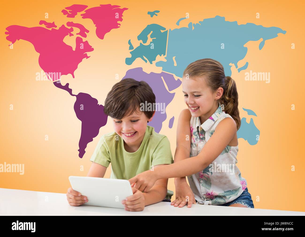 Digital composite of Kids on tablet in front of colorful world map ...