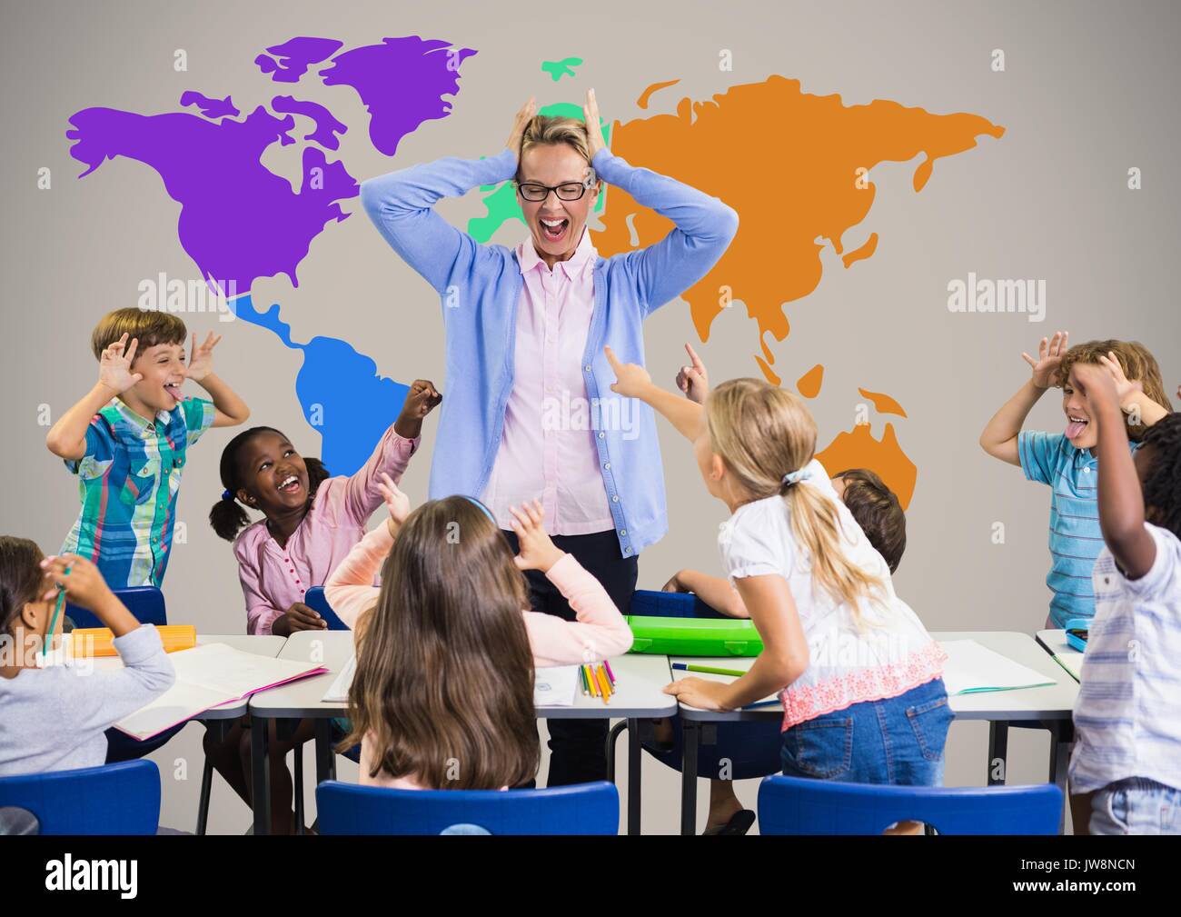 Digital composite of Kids in class shouting at teacher and messing in ...