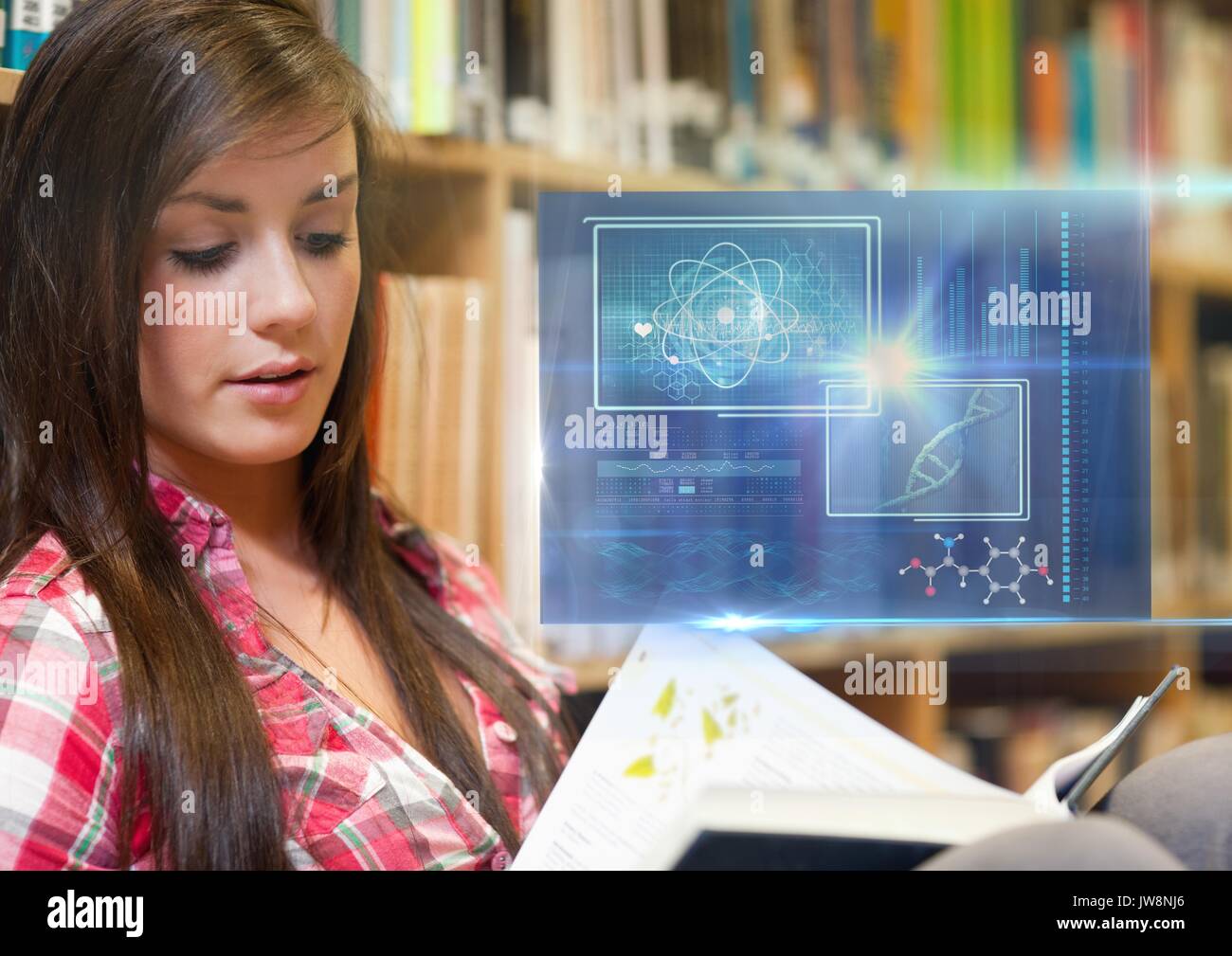 Digital composite of Female Student studying with book and science ...