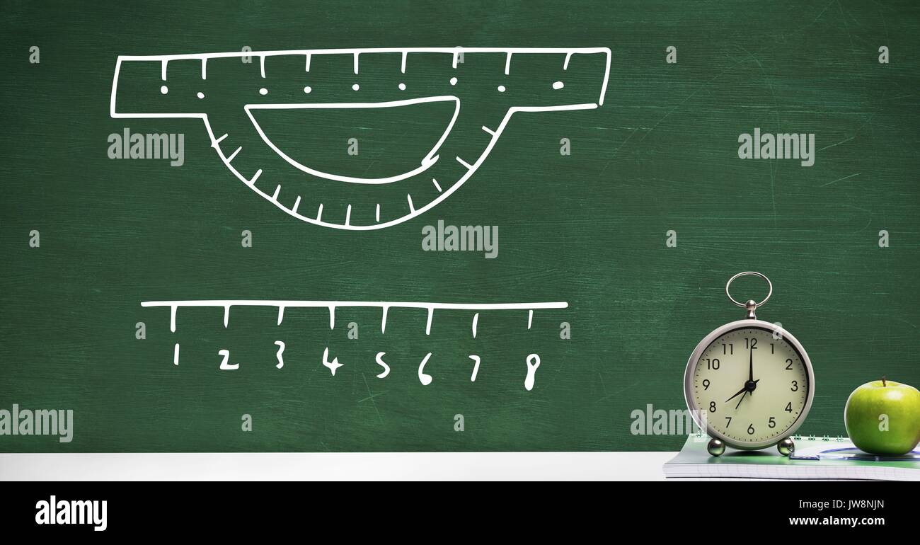 Digital composite of Clock on Desk foreground with blackboard graphics ...