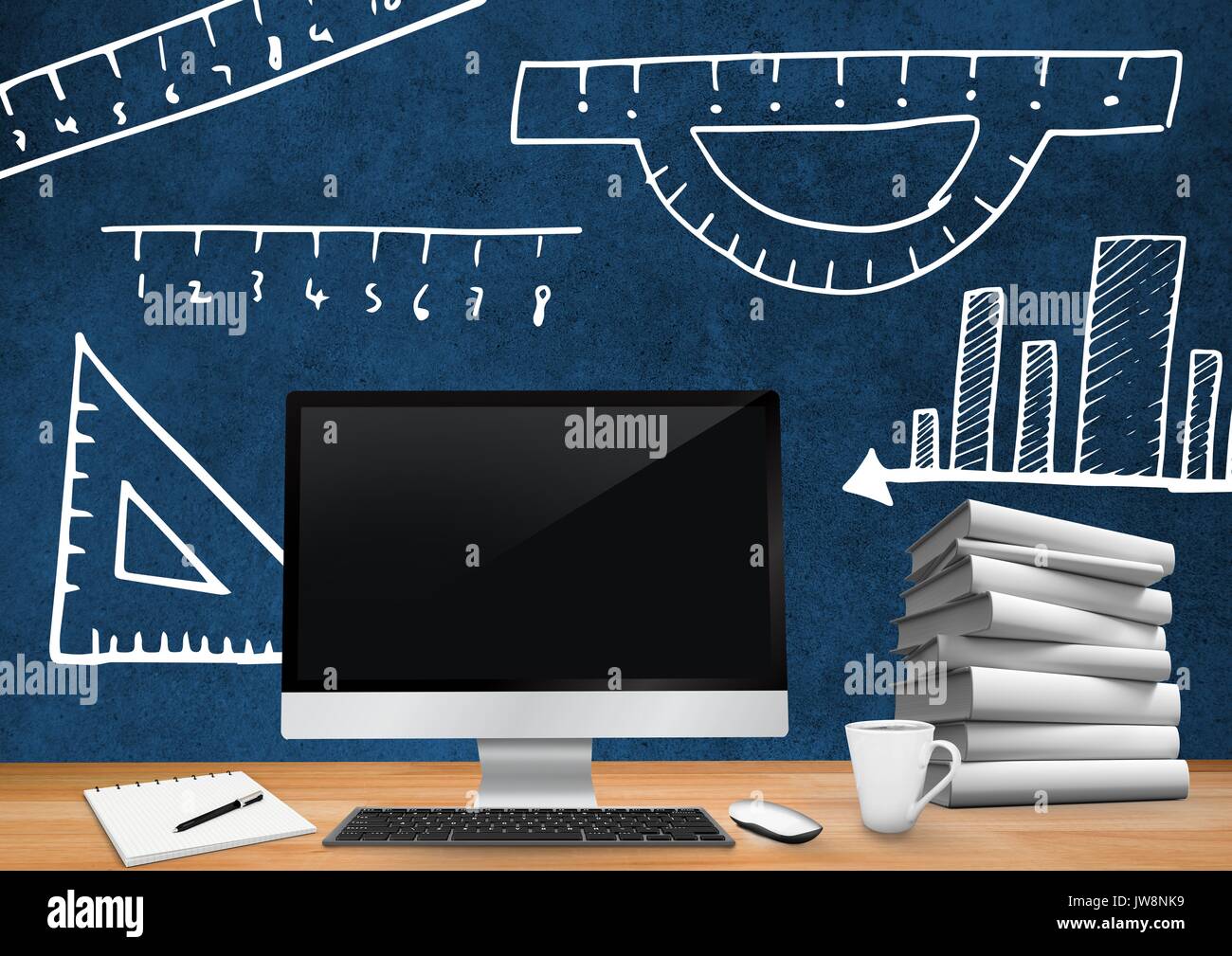 Digital composite of Computer Desk foreground with blackboard graphics ...