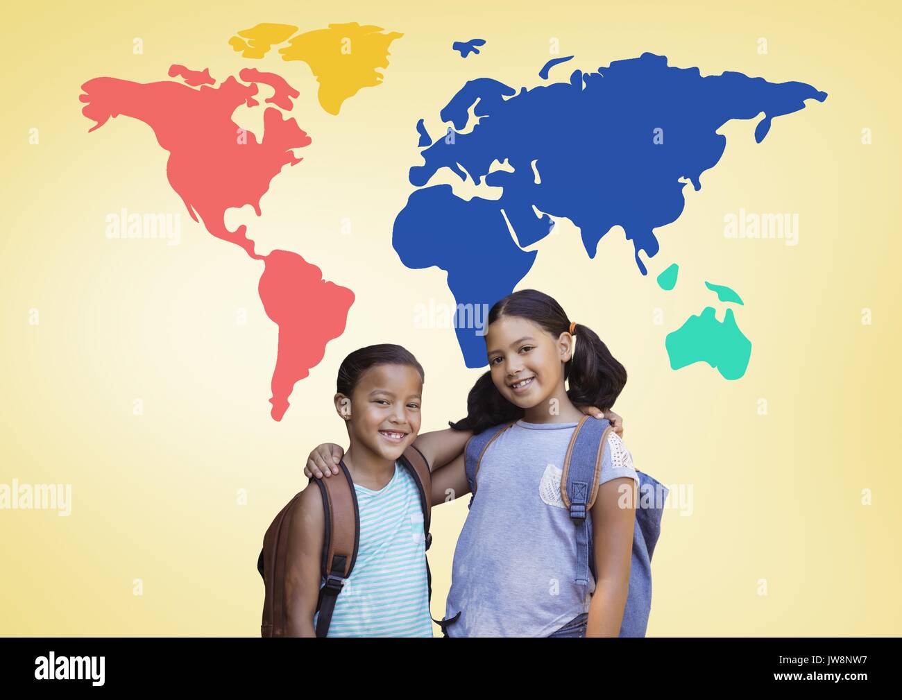 Digital composite of School Kids hugging in front of colorful world map ...