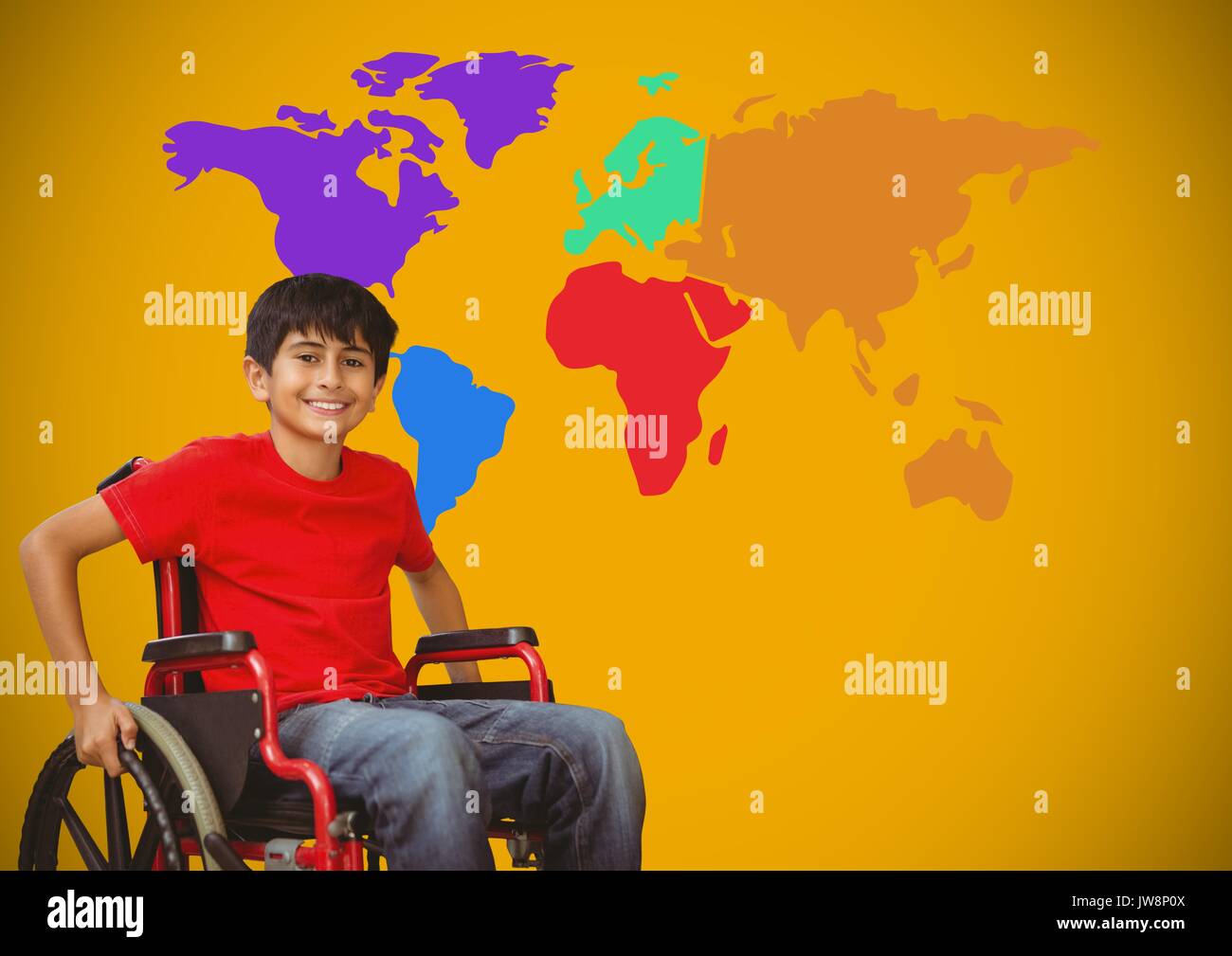 Digital composite of Disabled boy in wheelchair in front of colorful ...