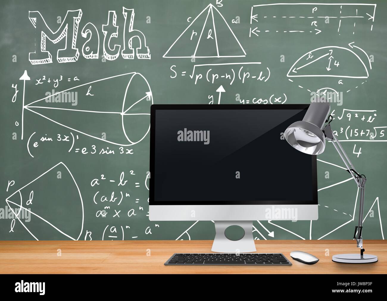 Digital composite of Computer Desk foreground with blackboard graphics ...