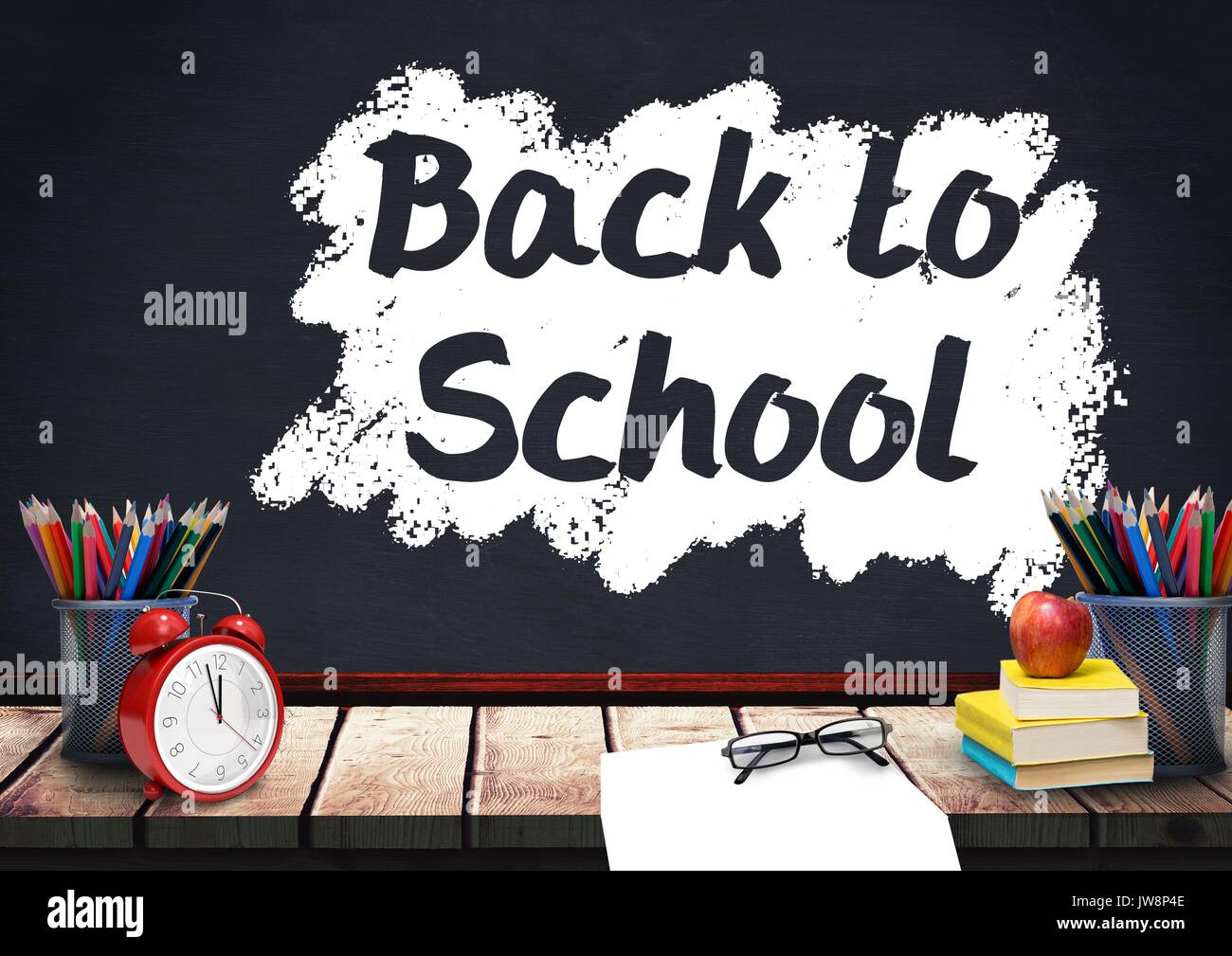 Digital composite of Desk foreground with blackboard graphics of Back ...