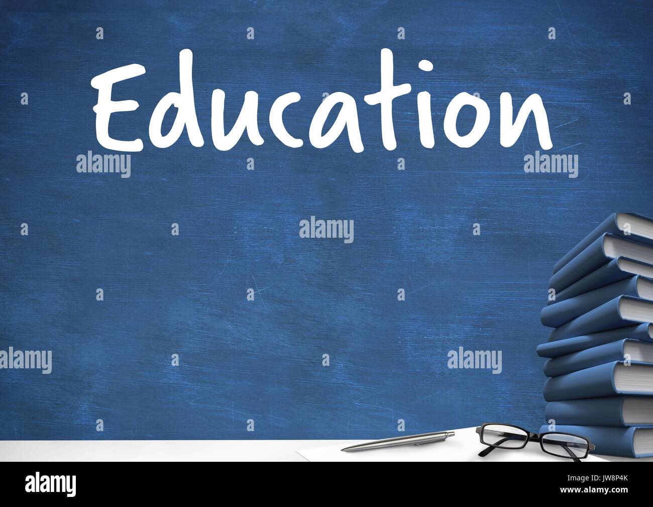 Digital composite of Books on Desk foreground with blackboard graphics ...