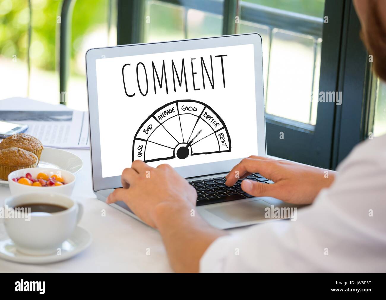 Digital composite of Comment text and ratings graphic on laptop screen ...
