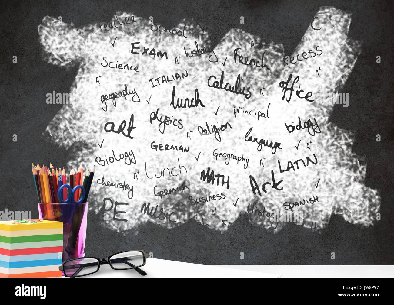 Digital composite of Desk foreground with blackboard graphics of school ...