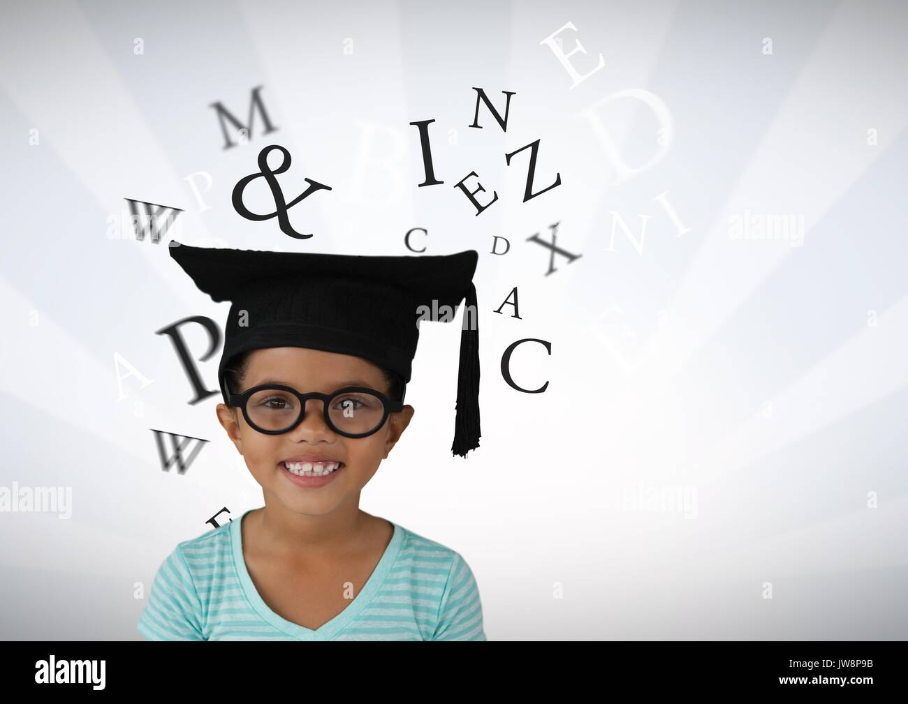 Digital composite of Many letters around Girl with graduation hat and ...