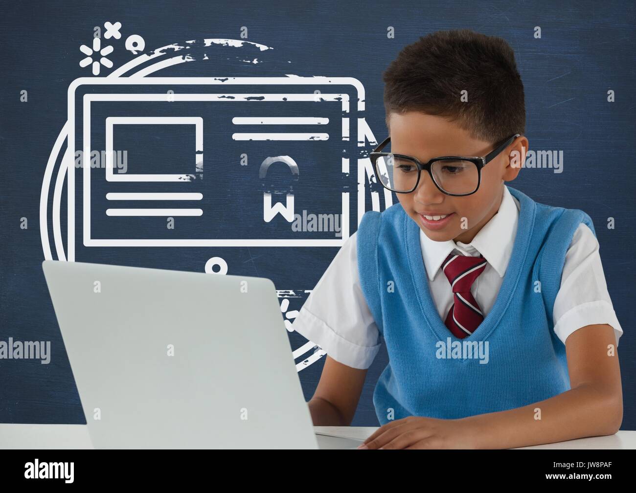 Digital composite of Student boy at table looking at a computer against ...