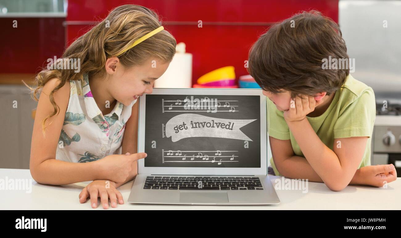 Digital composite of Kids looking at a computer with school icons on ...