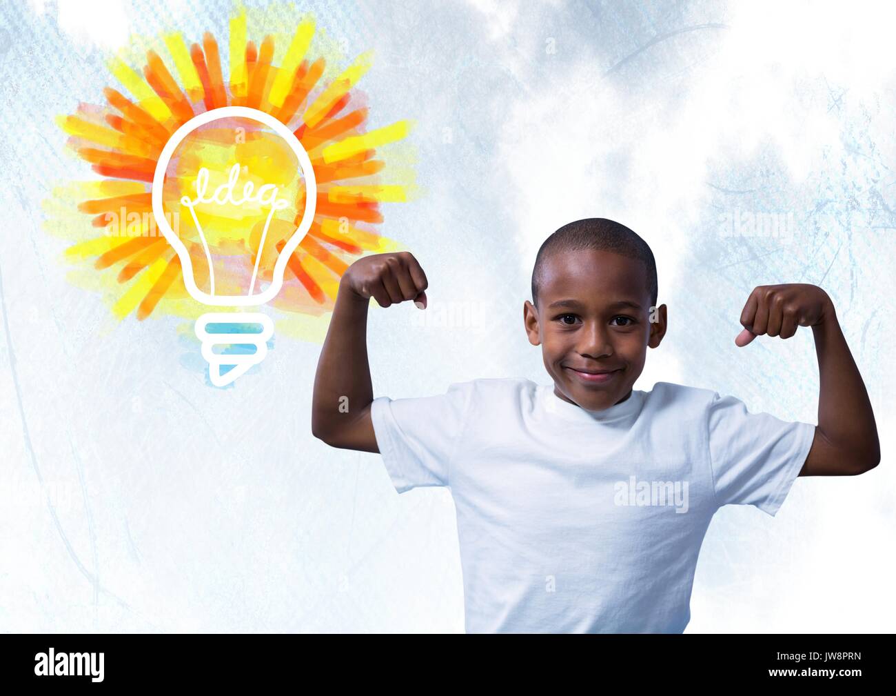 Digital composite of Strong Boy flexing muscles with colorful light ...