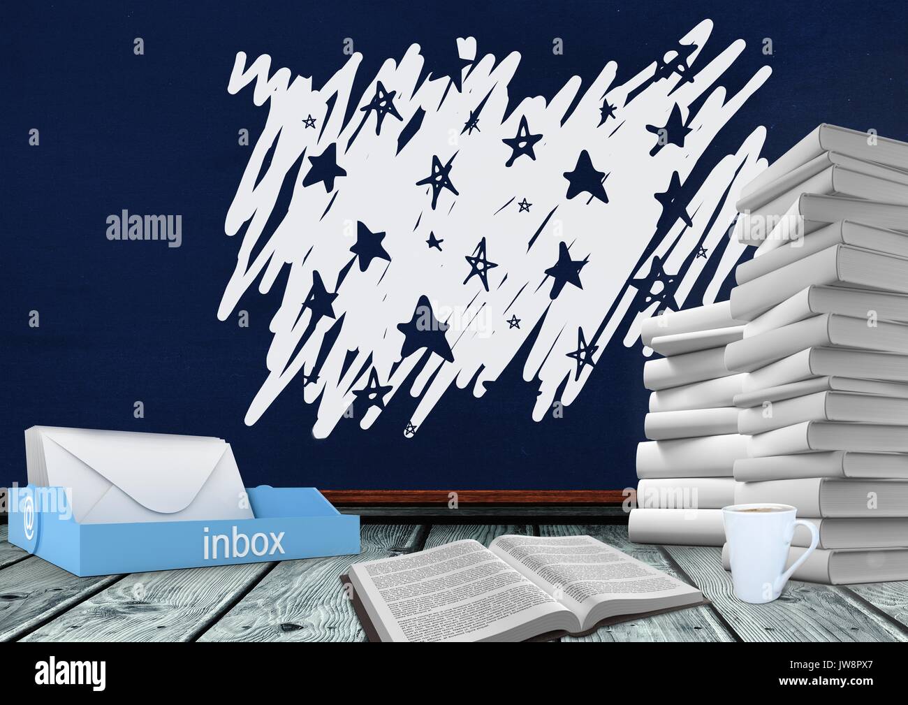 Digital composite of Books on Desk foreground with blackboard graphics ...