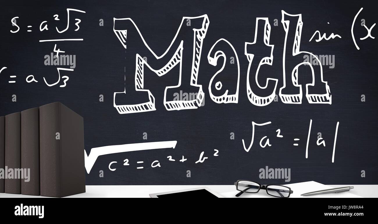 Digital composite of Books on Desk foreground with blackboard graphics ...