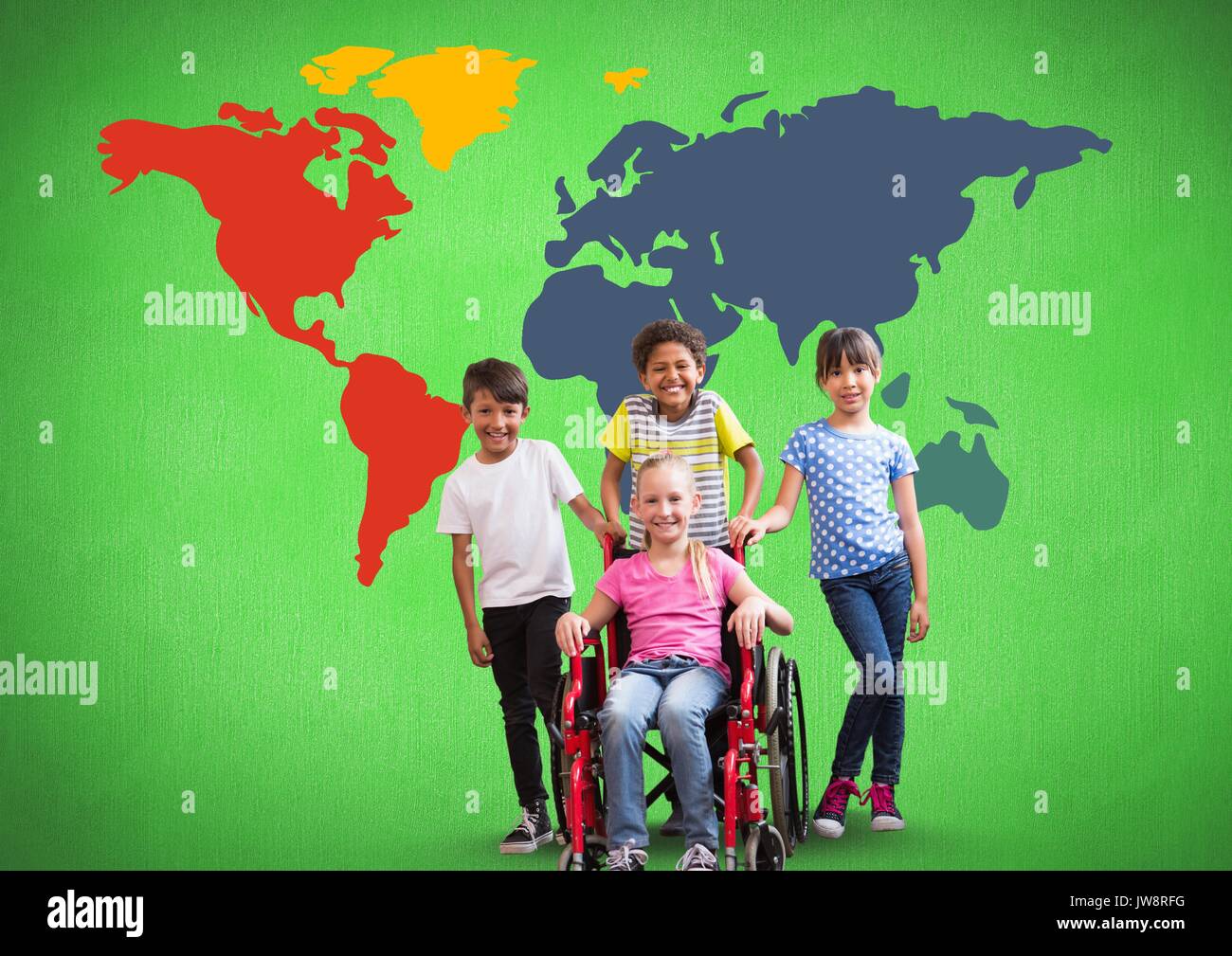 Digital composite of Disabled girl in wheelchair with friends in front ...