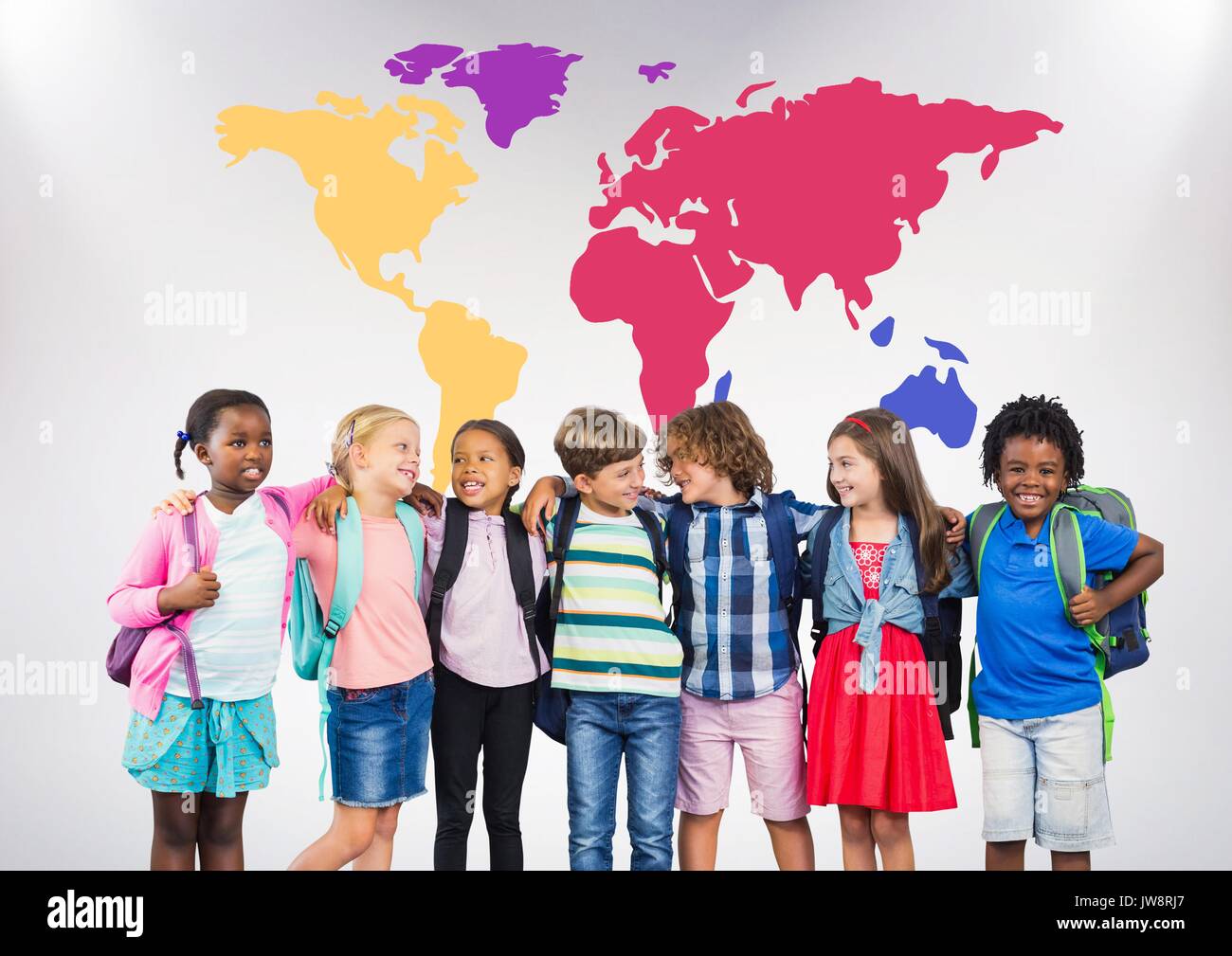 Digital composite of Multicultural School kids in front of colorful ...