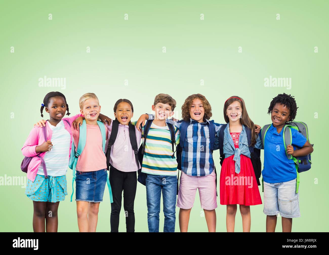 Digital composite of Multicultural School kids in front of green ...