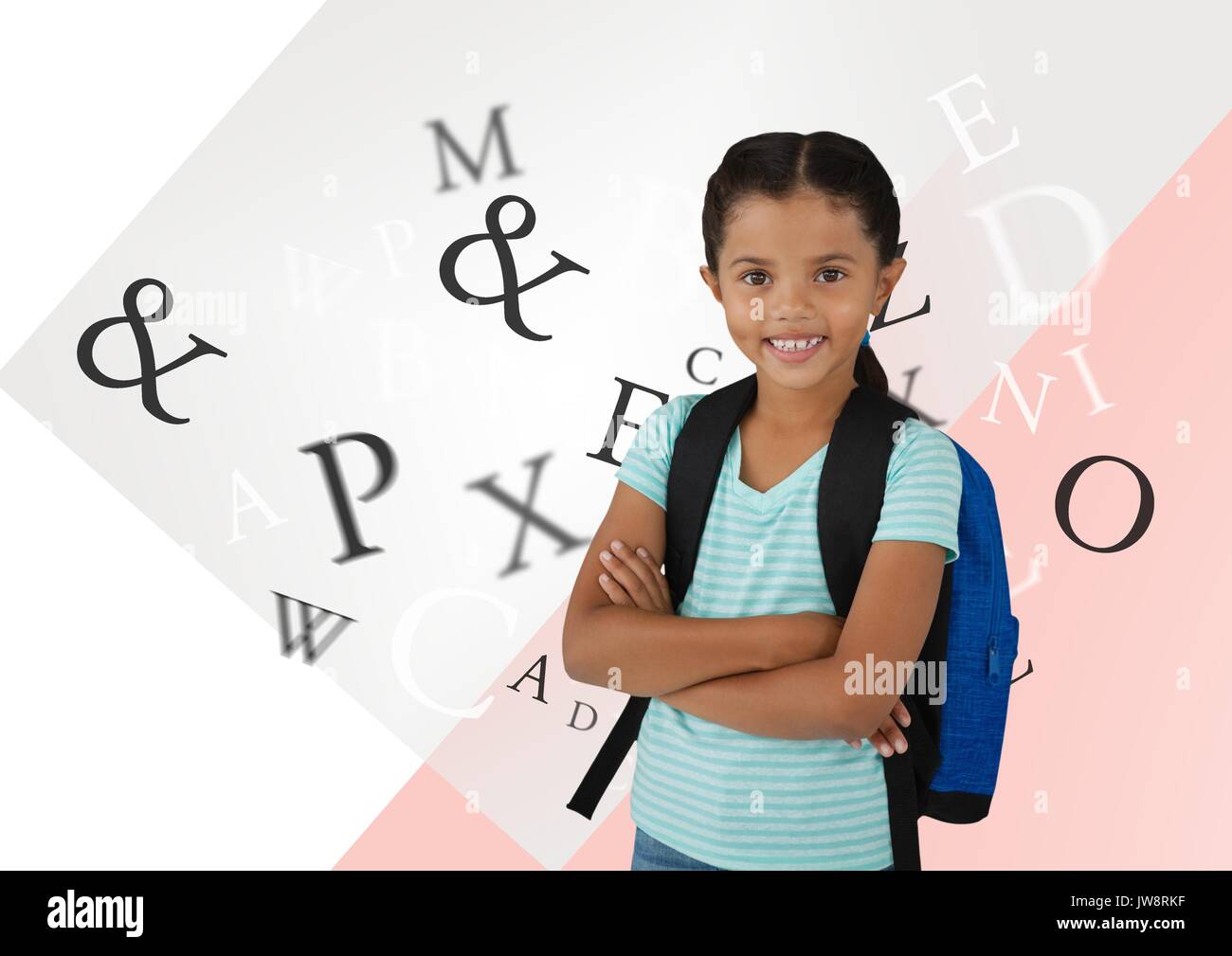 Digital composite of Many letters around Schoolgirl in front of ...