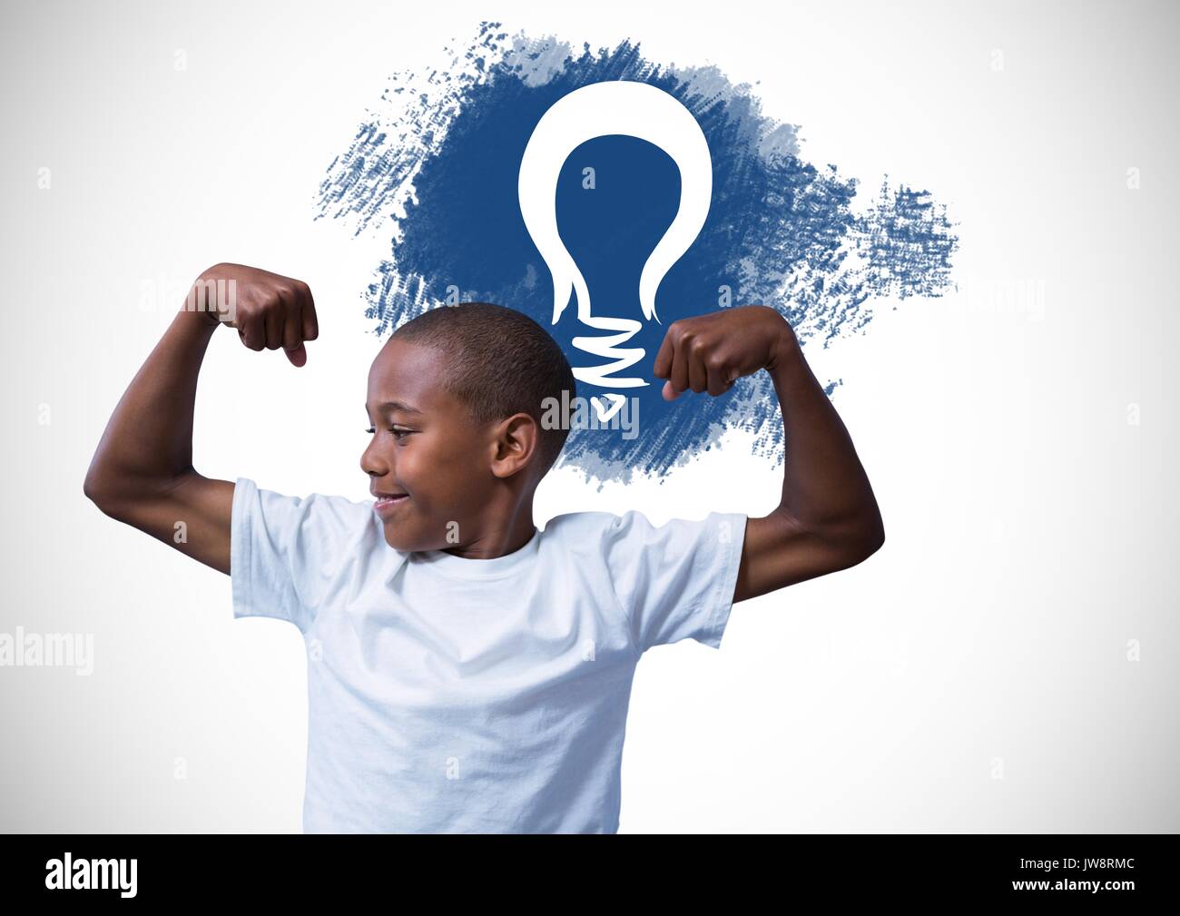 Digital composite of Strong boy flexing muscles in front of light bulb ...