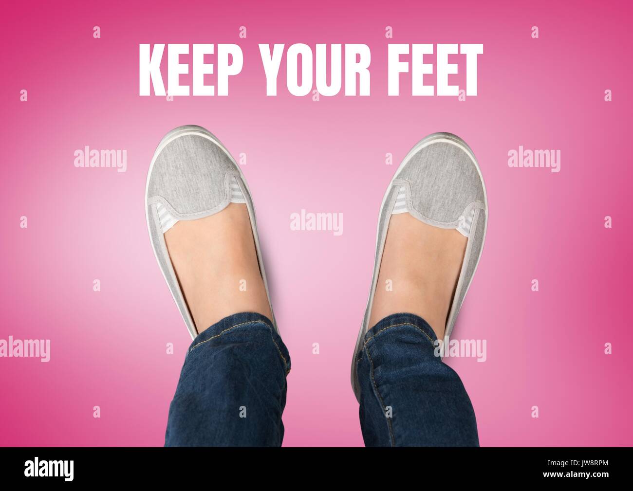 Digital composite of Keep your feet text and Grey shoes on feet with ...