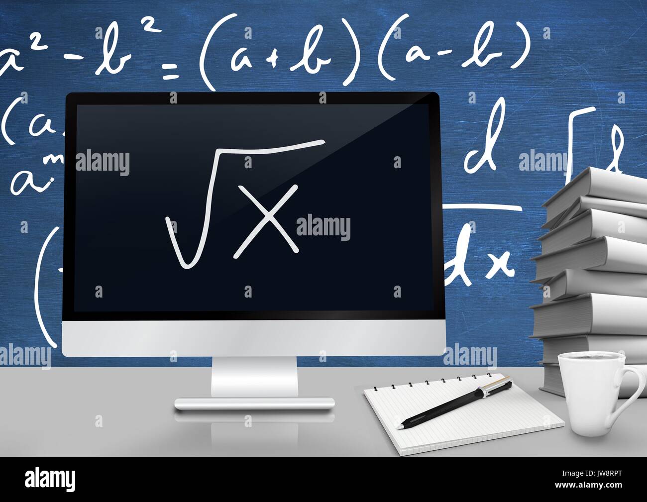 Digital composite of Computer at Desk foreground with blackboard ...