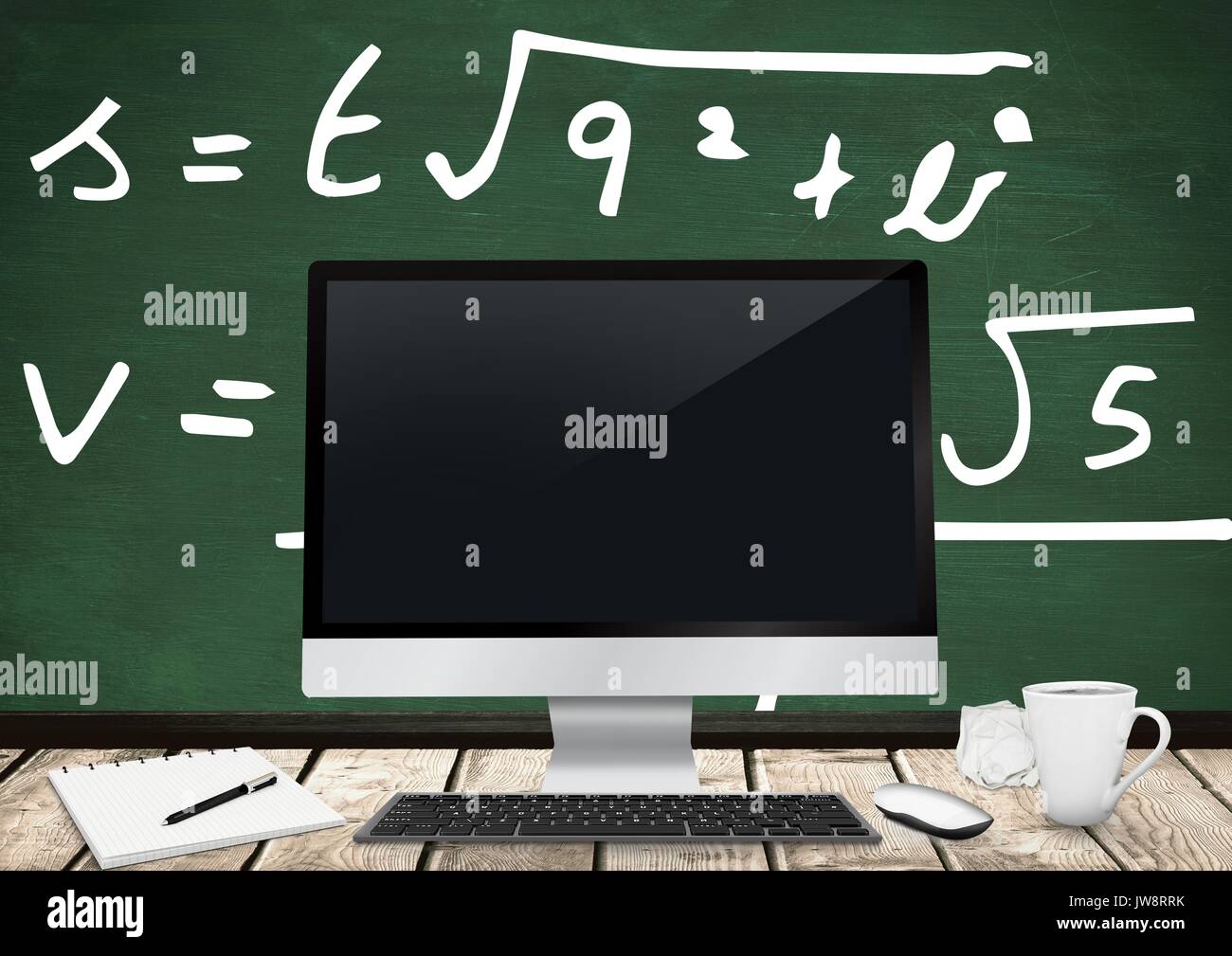 Digital composite of Computer Desk foreground with blackboard graphics ...