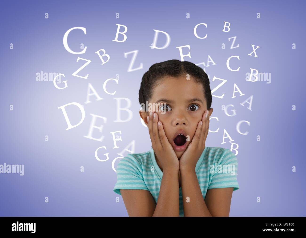 Digital composite of Many letters around Girl surprised in front of ...