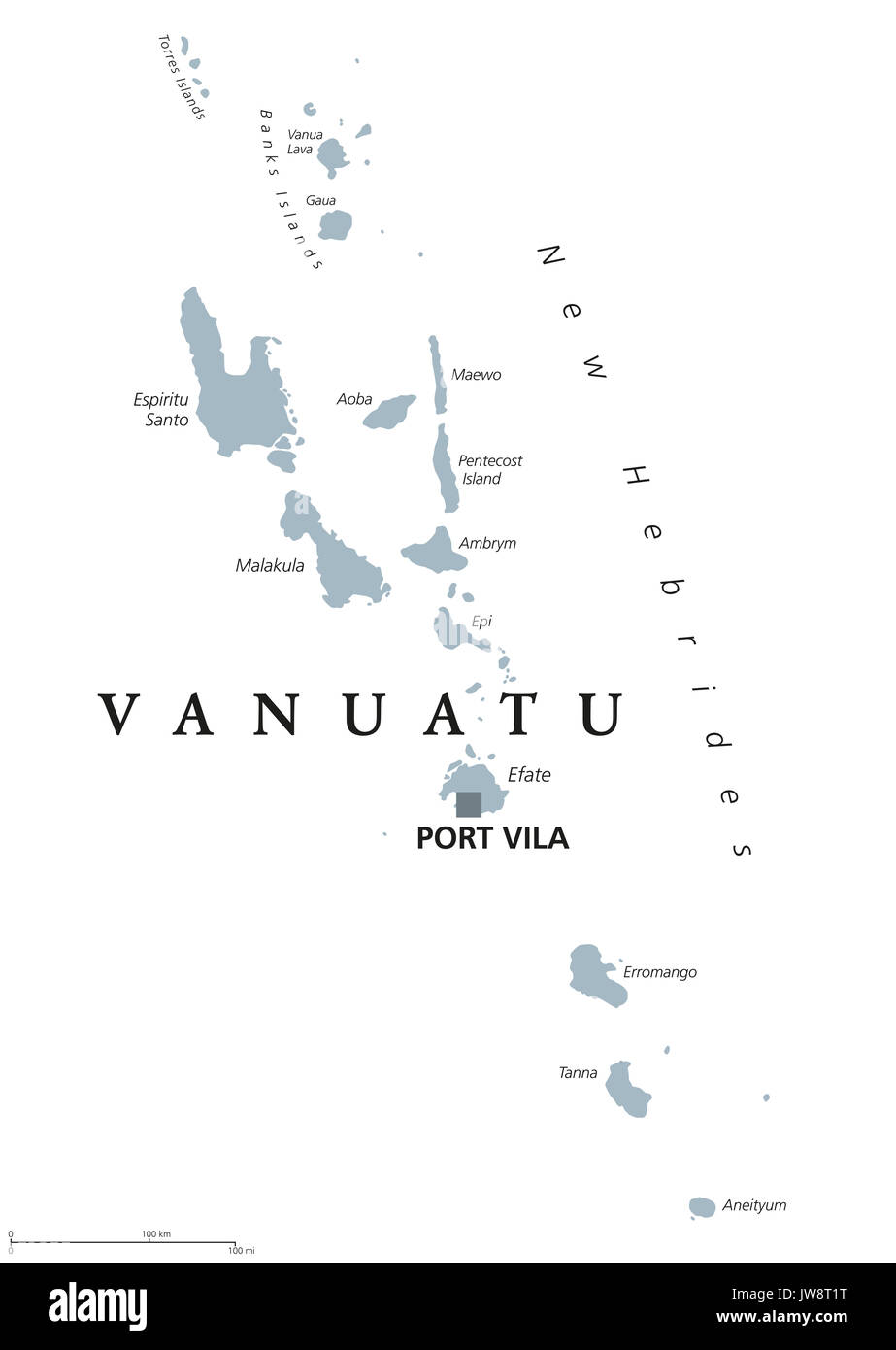 Vanuatu political map with capital Port Vila and English labeling ...