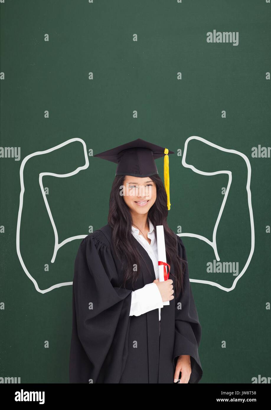 Digital composite of Happy graduate student woman with fists graphic ...