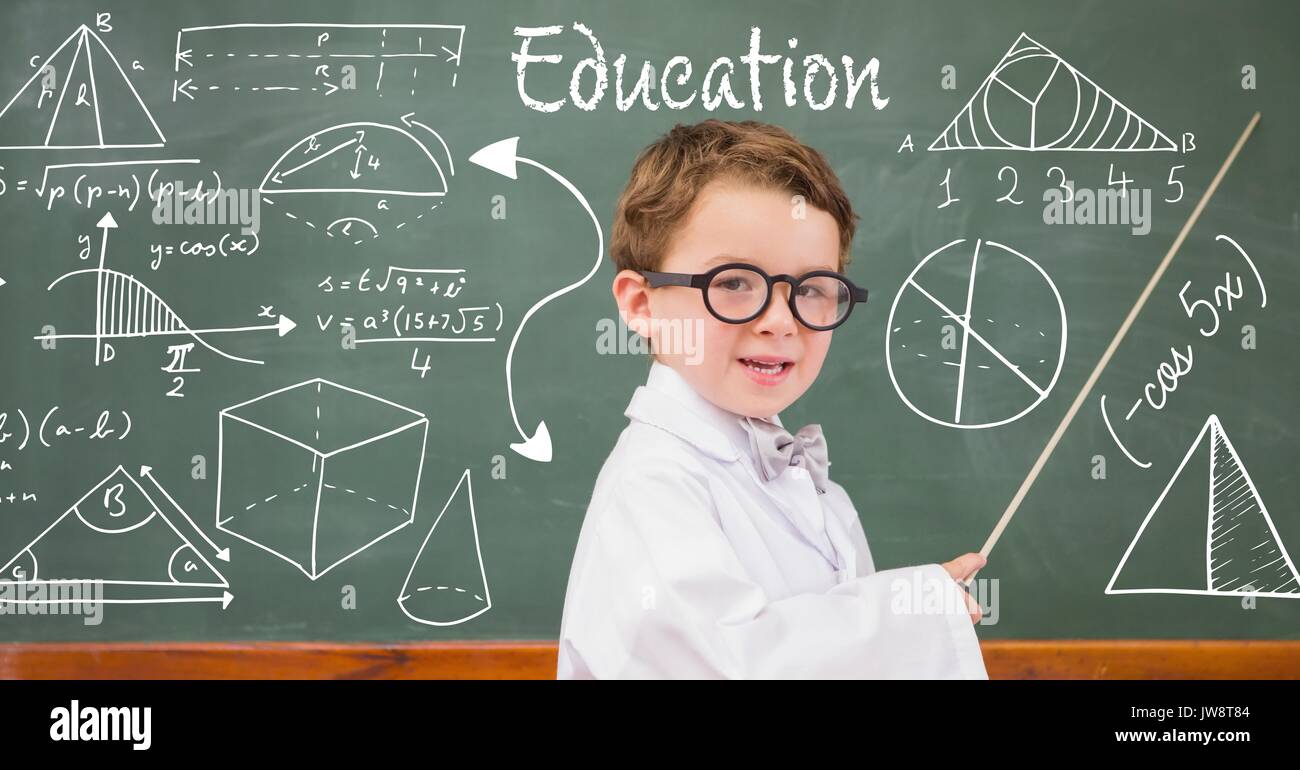Digital composite of Boy teacher explaining diagrams on blackboard ...