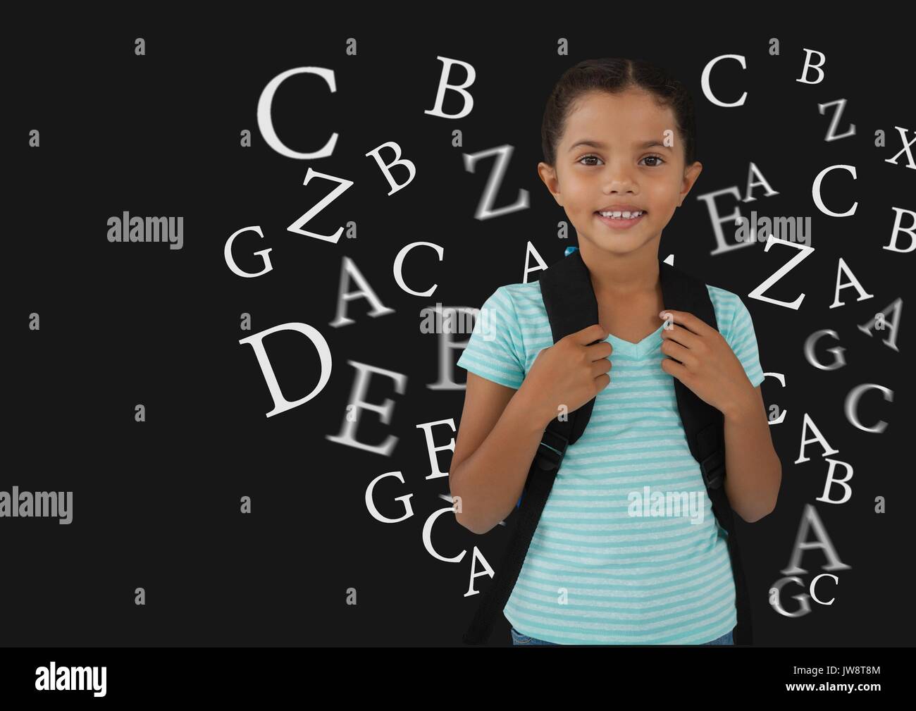 Digital composite of Many letters around Schoolgirl with dark ...