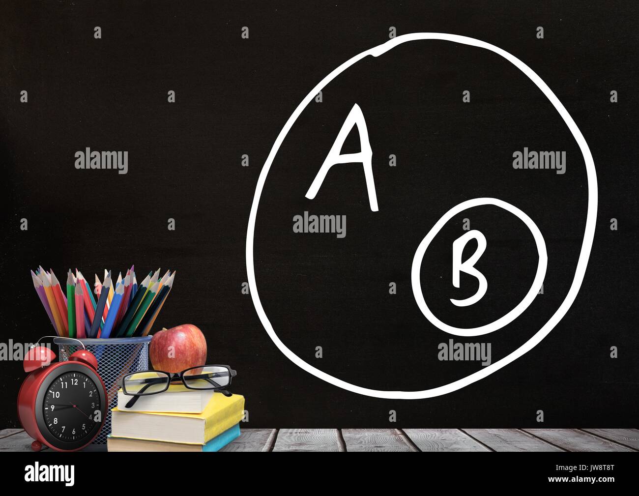 Digital composite of Desk foreground with blackboard graphics of A and ...
