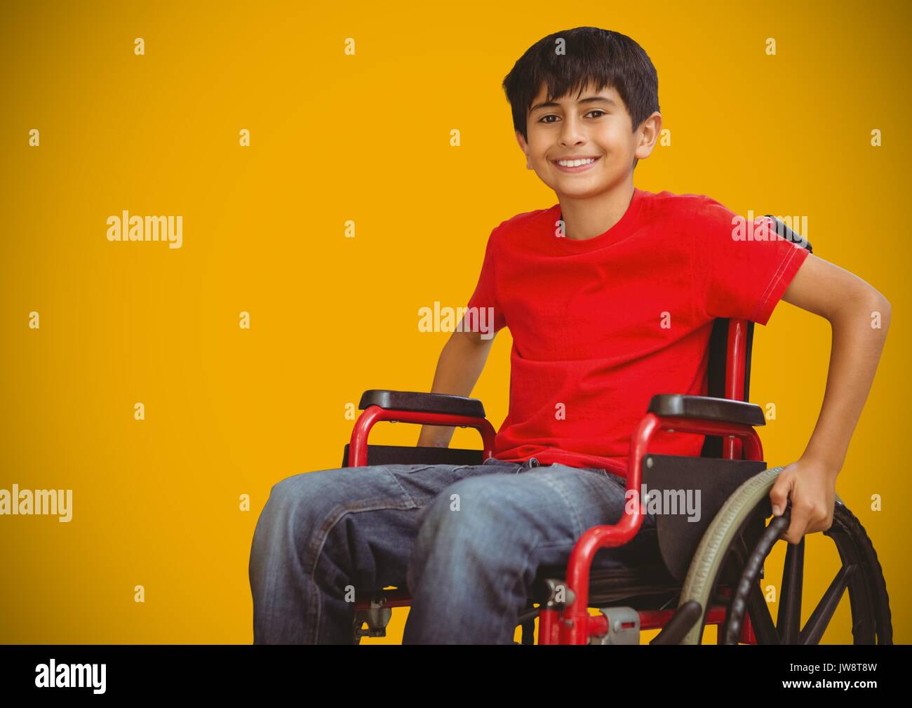 Digital composite of Disabled boy in wheelchair with bright yellow ...