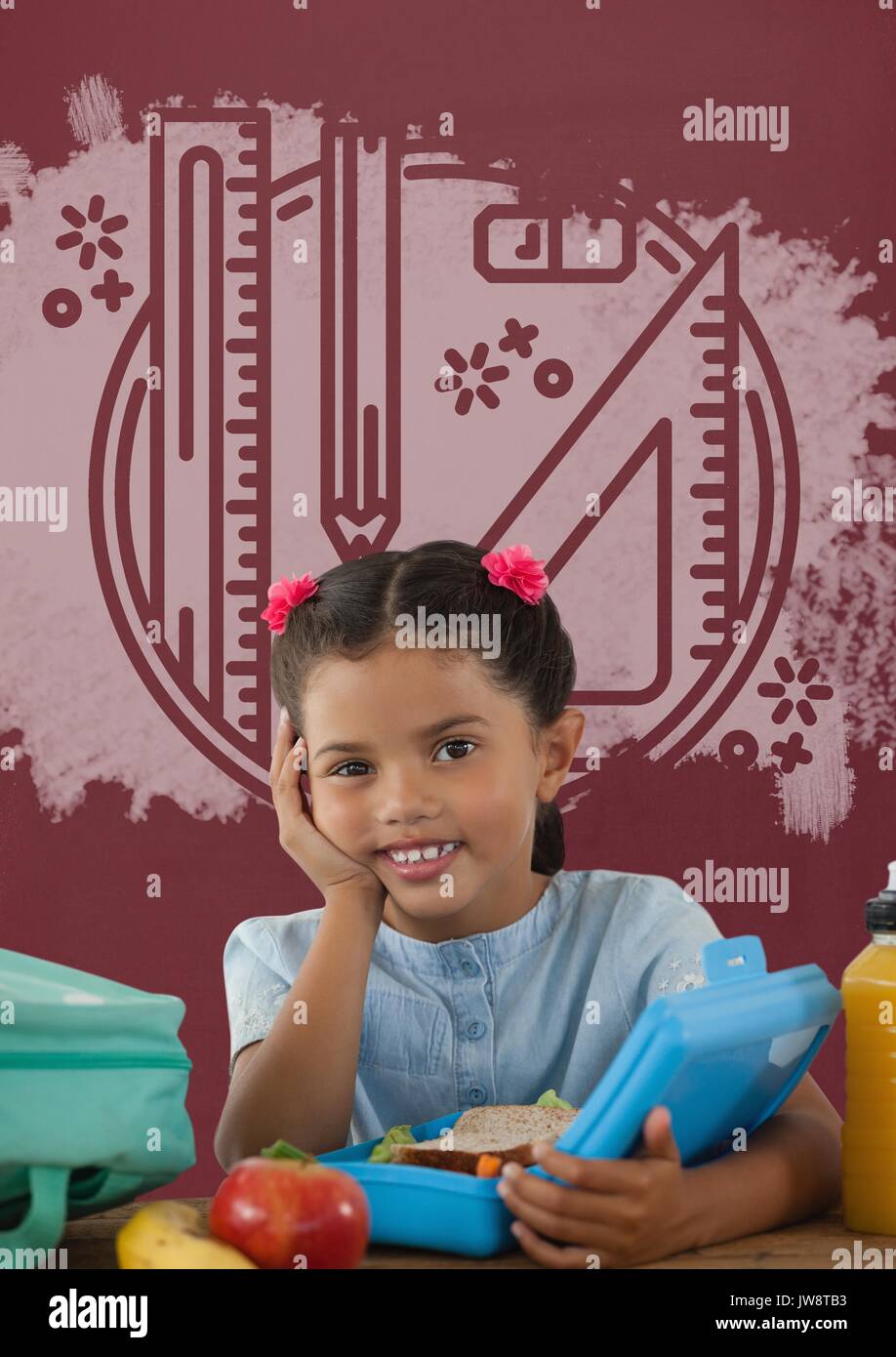 Digital composite of Student girl at table against red blackboard with ...