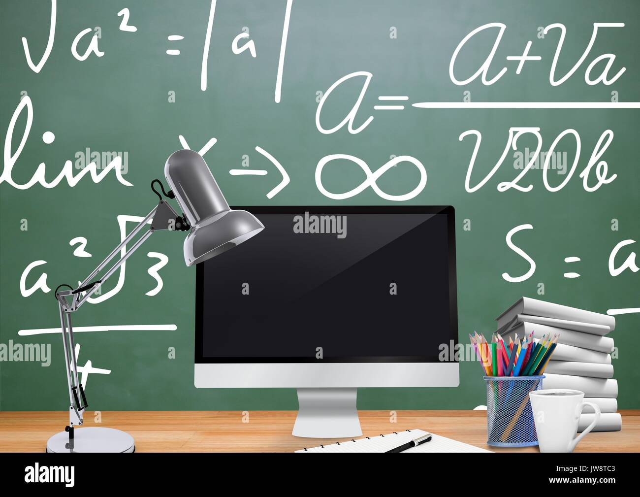 Digital composite of Computer Desk foreground with blackboard graphics ...