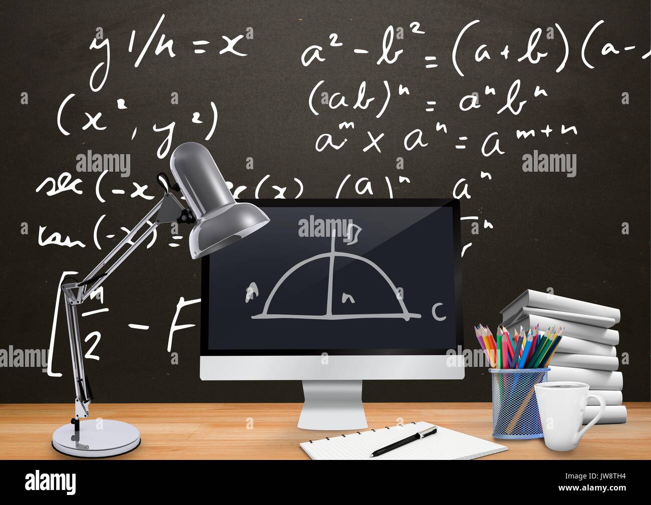 Digital composite of Computer Desk foreground with blackboard graphics ...
