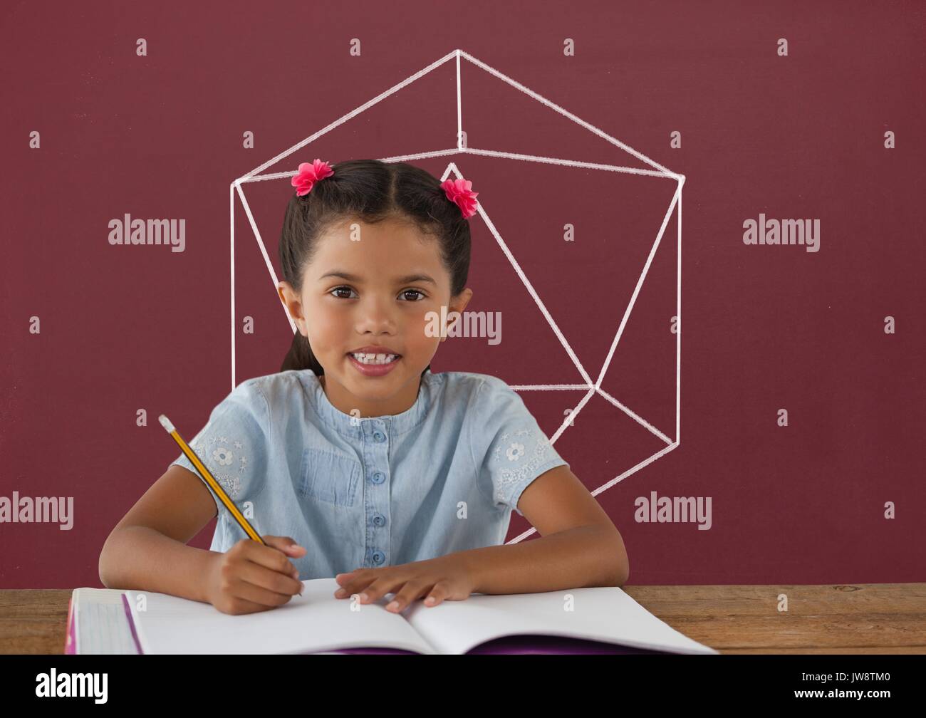 Digital composite of Student girl at table writing against red ...