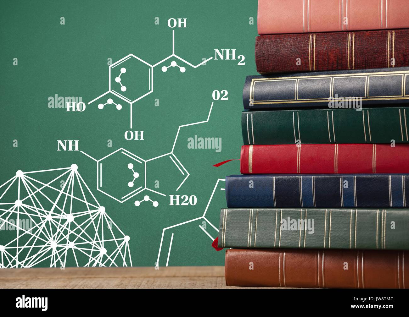 Digital composite of Stack of books next to blackboard with science ...