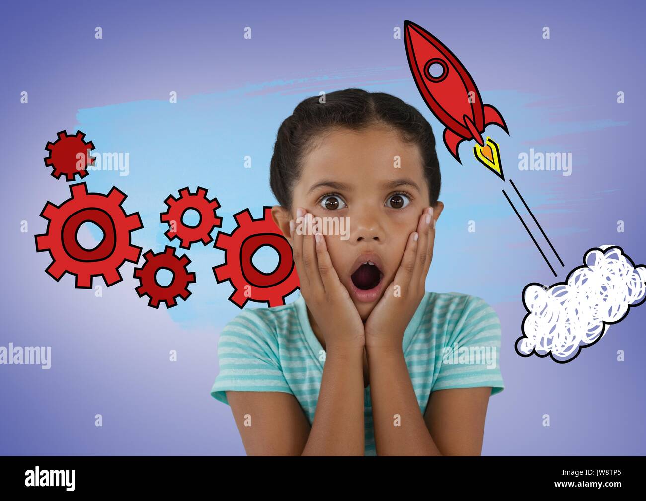 Digital composite of Surprised girl in front of rocket and cog graphics ...