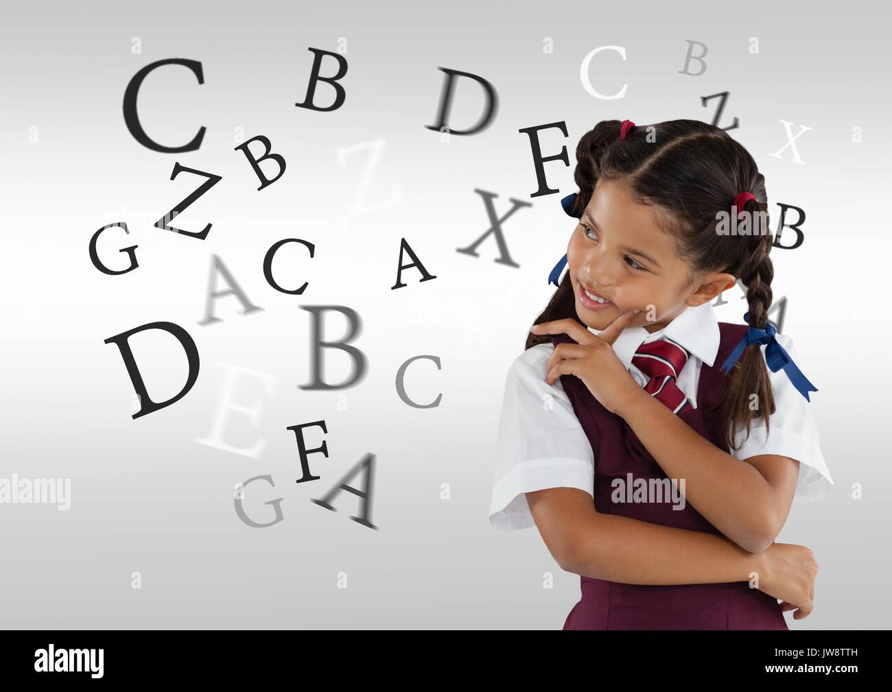 Digital composite of Many letters around Schoolgirl thinking in front ...