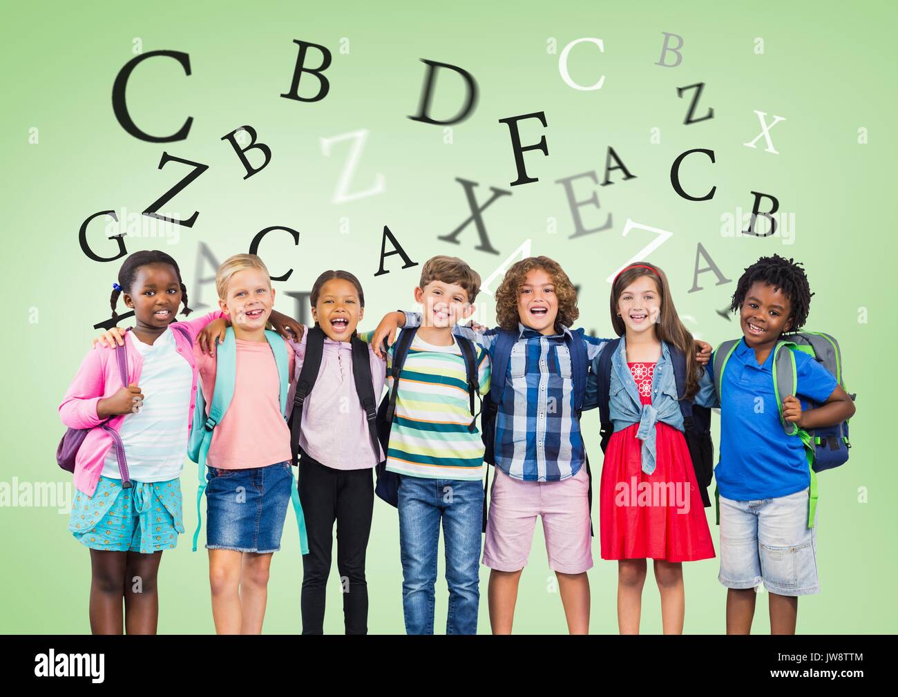Digital composite of Many letters around Multicultural School kids in ...
