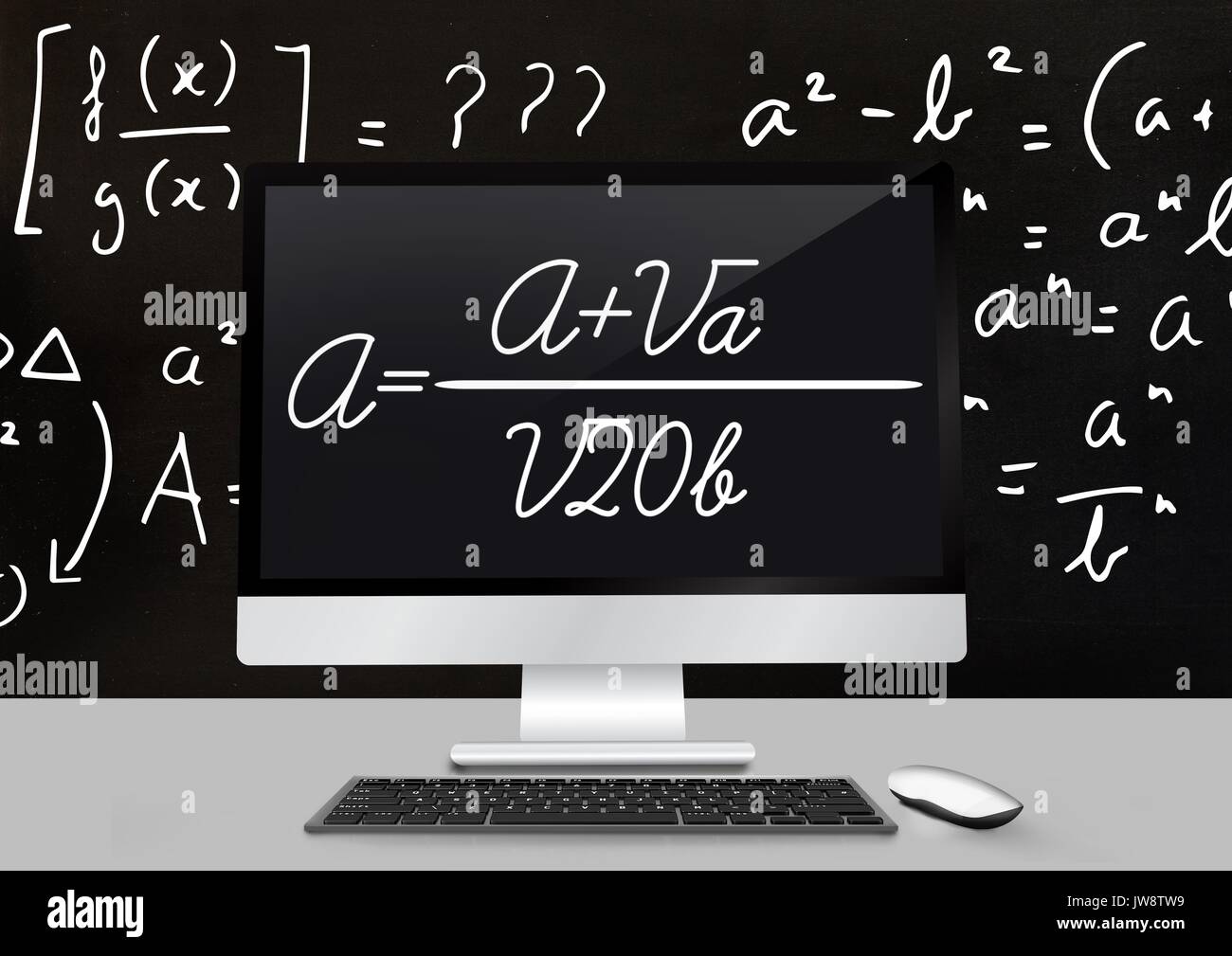 Digital composite of Computer Desk foreground with blackboard graphics ...