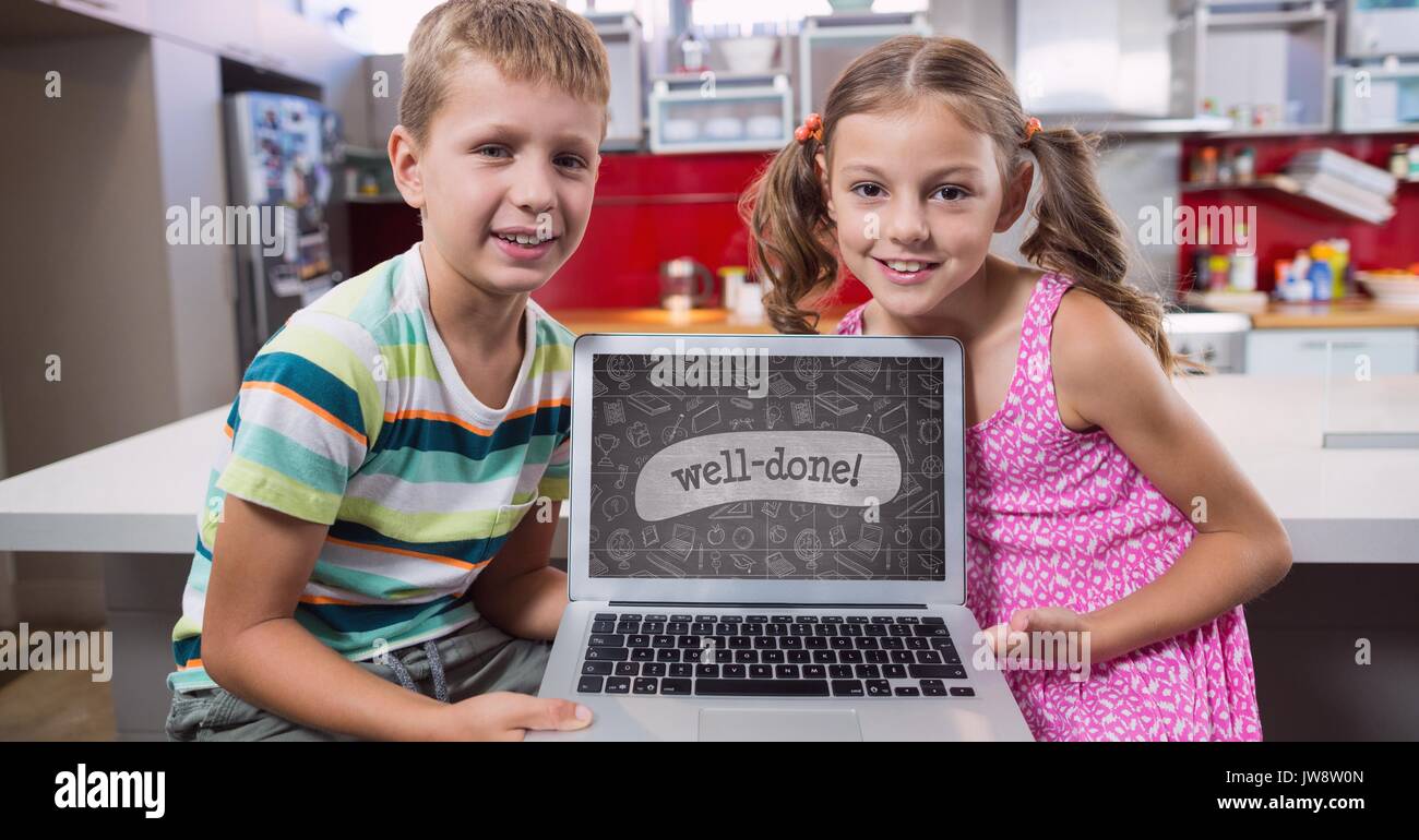 Digital composite of Kids looking at a computer with school icons on ...