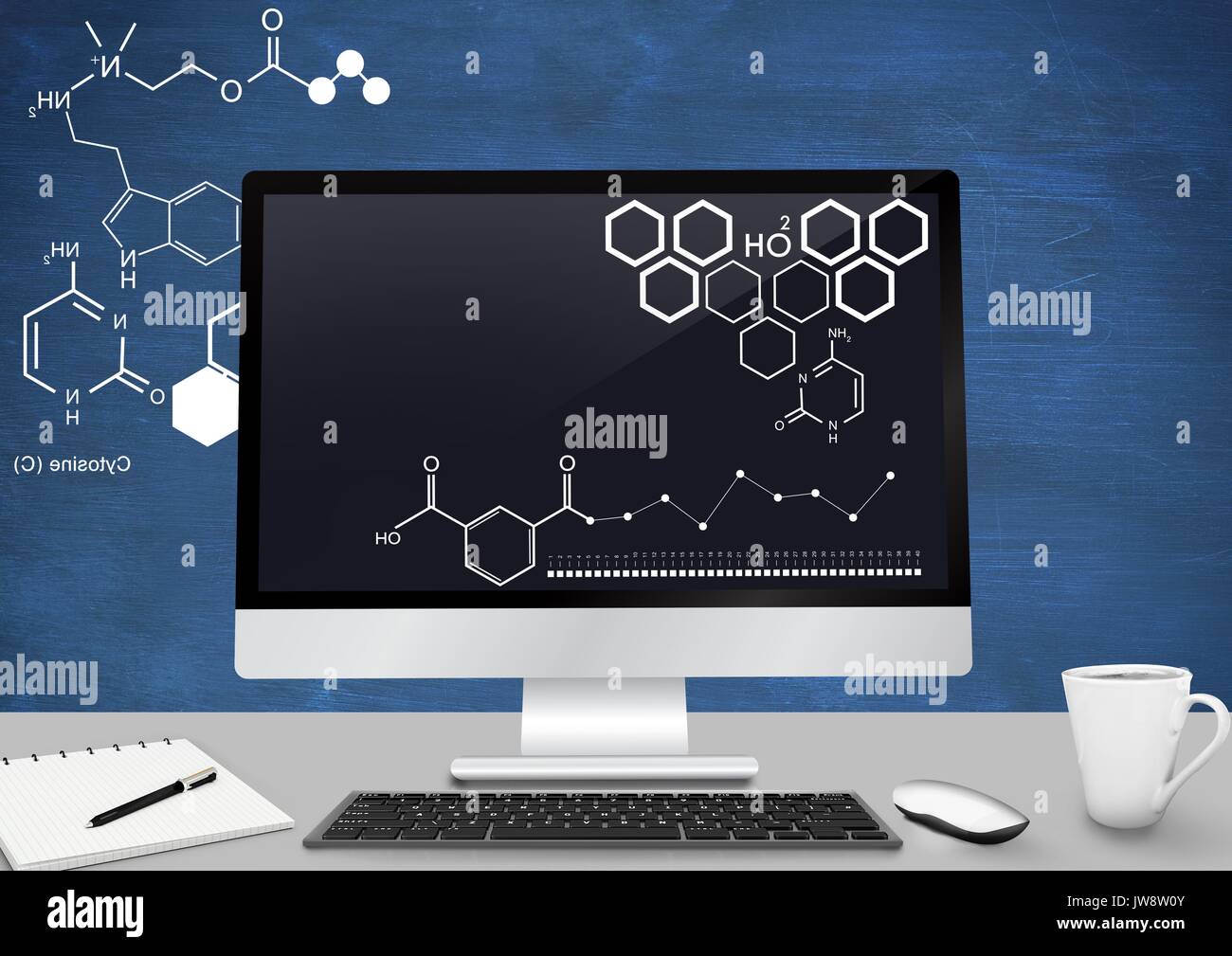 Digital composite of Computer Desk foreground with blackboard graphics ...