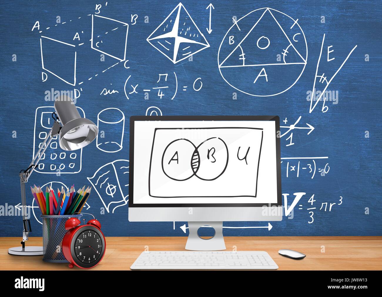 Digital composite of Computer Desk foreground with blackboard graphics ...